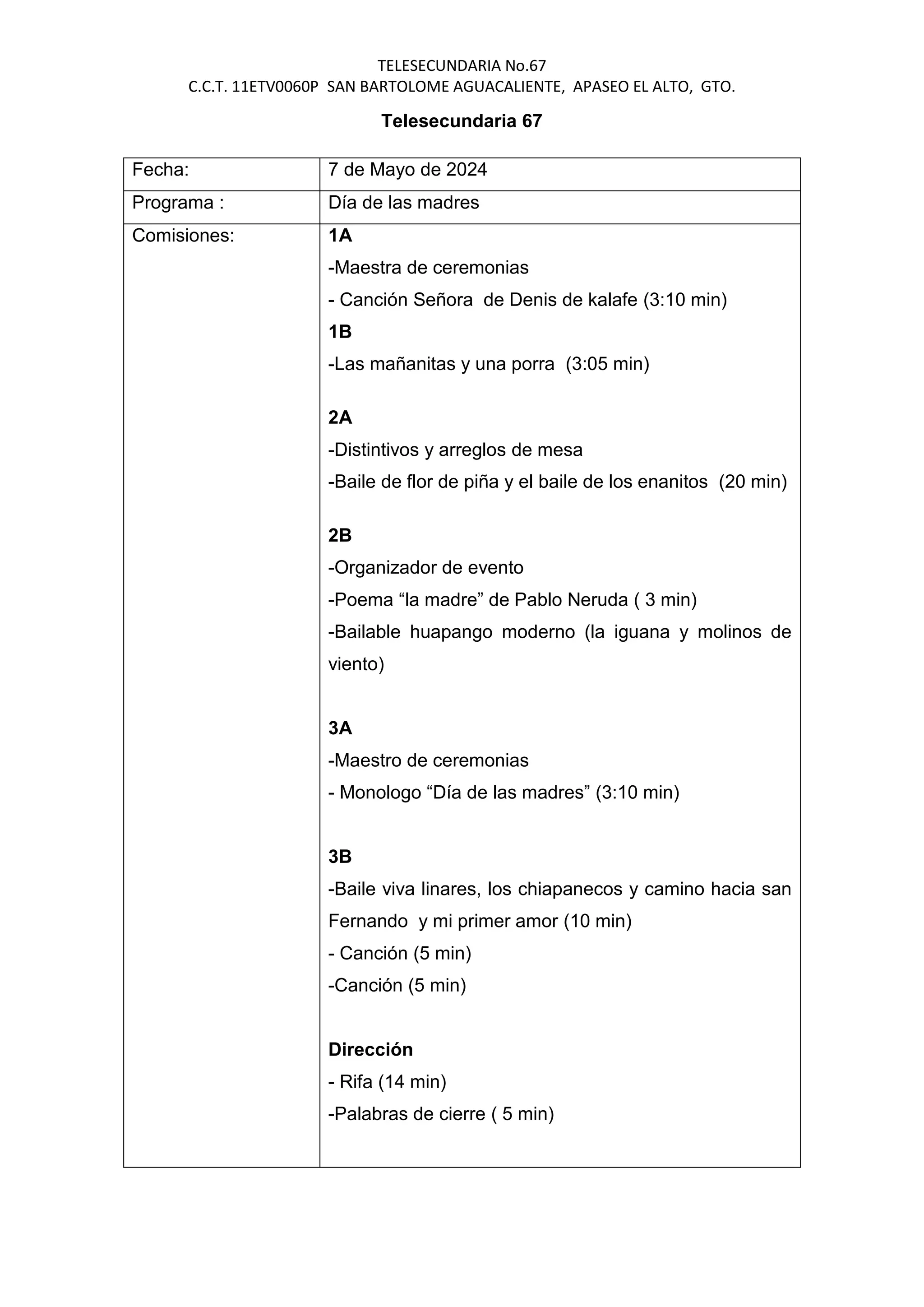 programa dia de las madres 10 de mayo para evento | DOCX