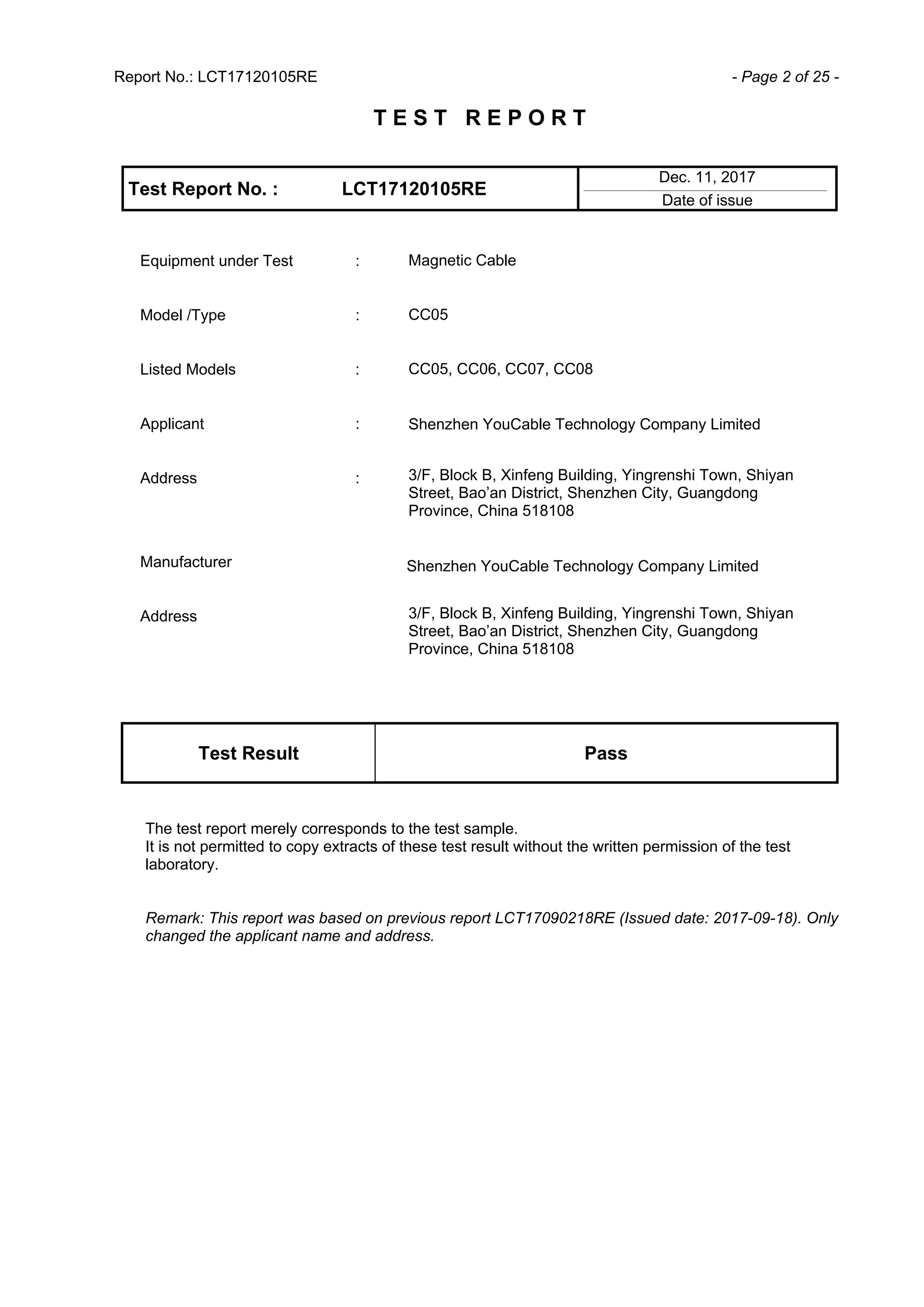 Magnetic Cable CE-EMC Test Report - Shenzhen YouCable Technology Co ...