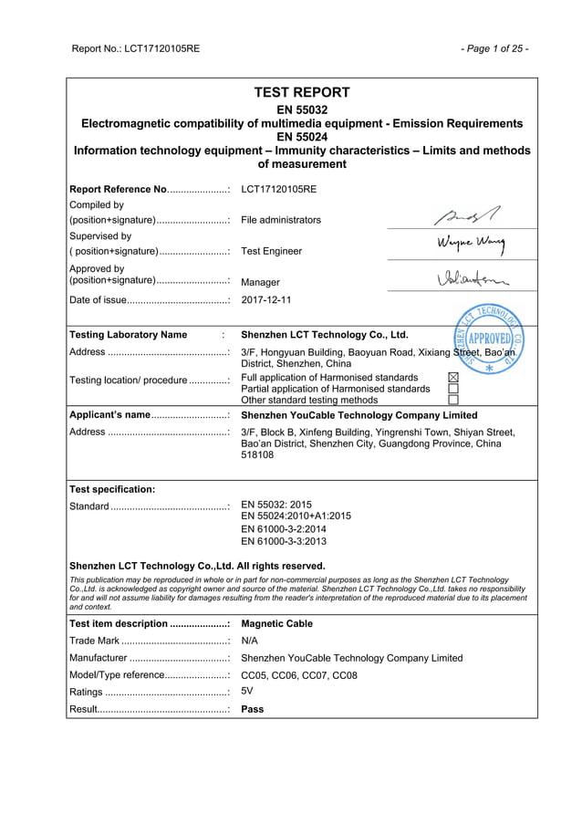 Magnetic Cable CE-EMC Test Report - Shenzhen YouCable Technology Co ...