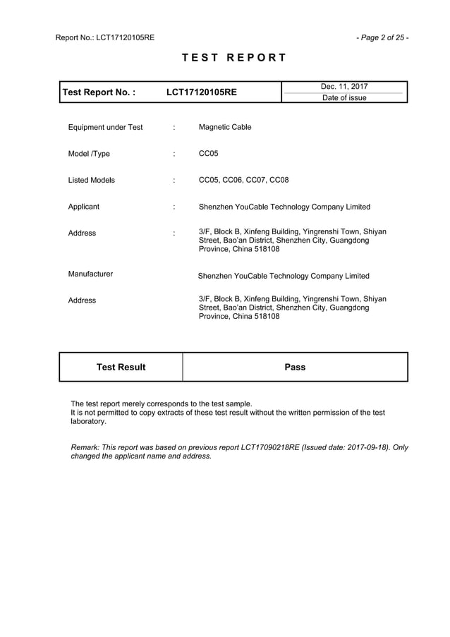 Magnetic Cable CE-EMC Test Report - Shenzhen YouCable Technology Co ...