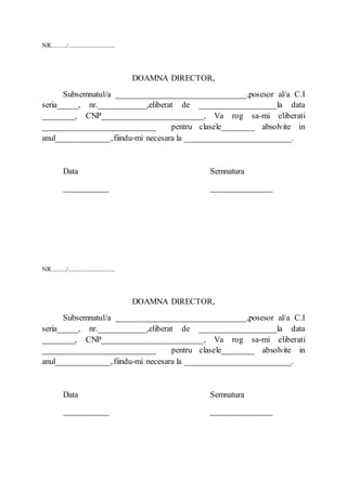 Cerere eliberare acte studii | DOCX
