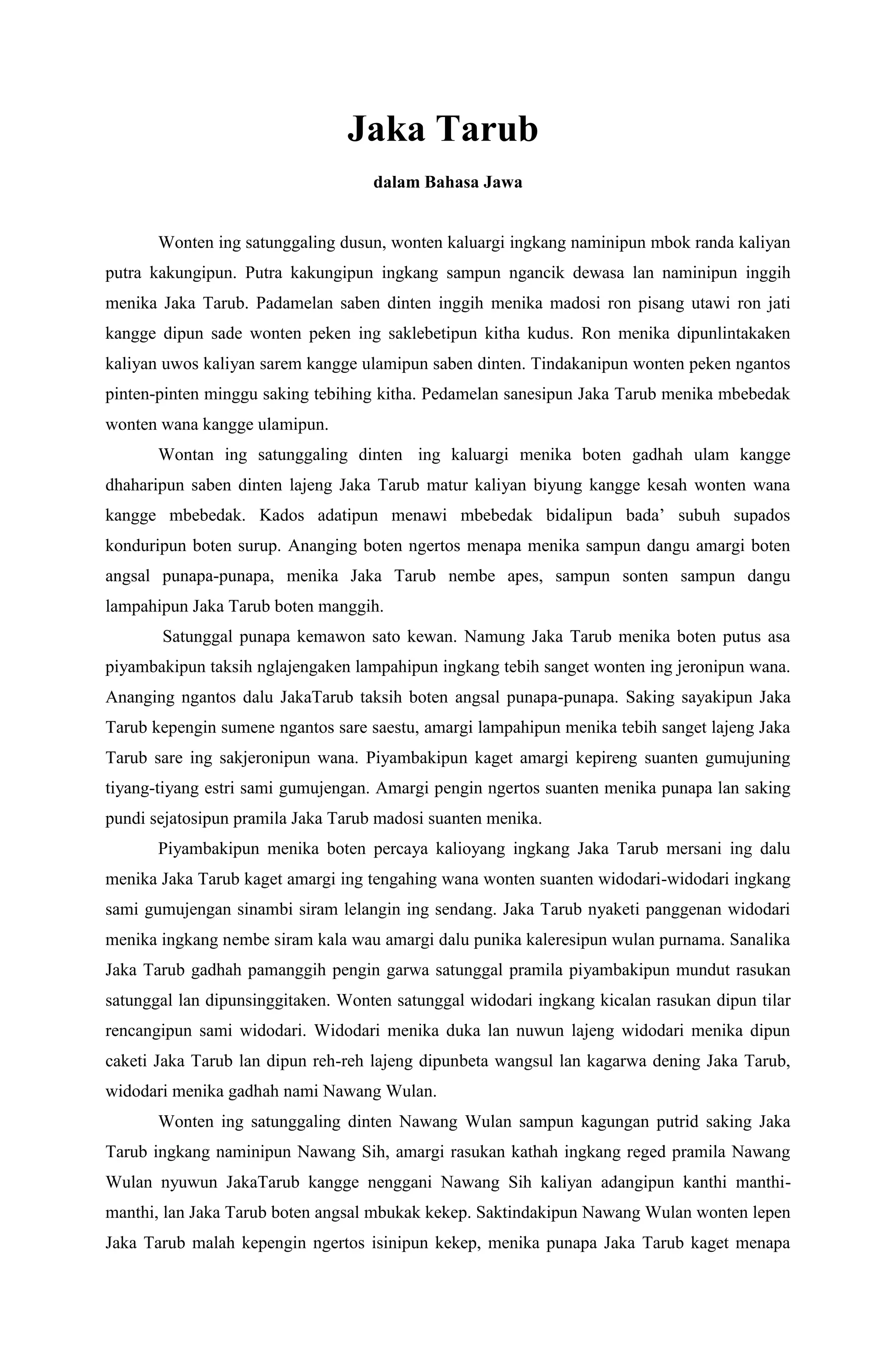 Cerita rakyat bahasa jawa, Keong Mas, Jaka Tarub, Rawa Pening | DOCX