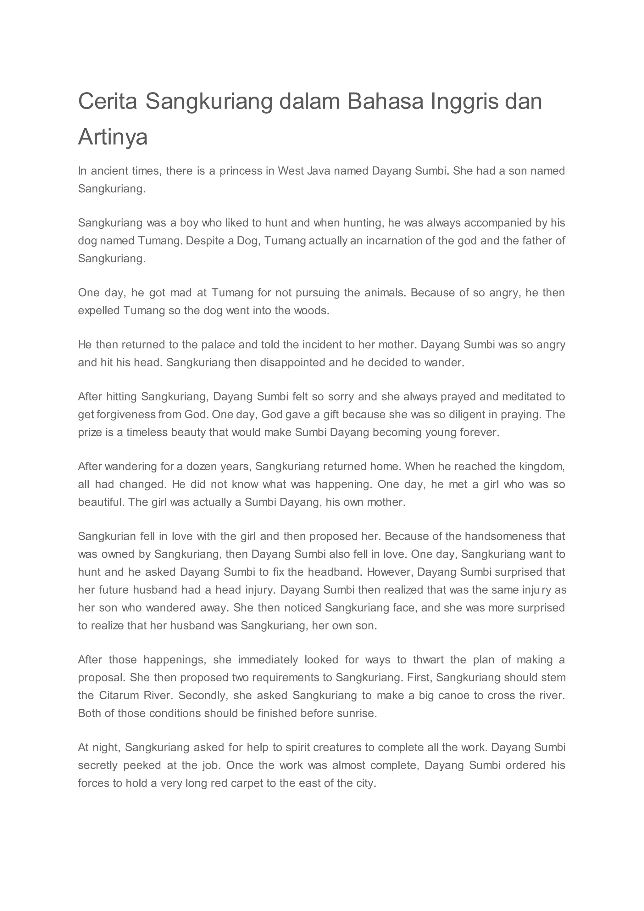 Cerita sangkuriang dalam bahasa inggris dan artinya | DOCX