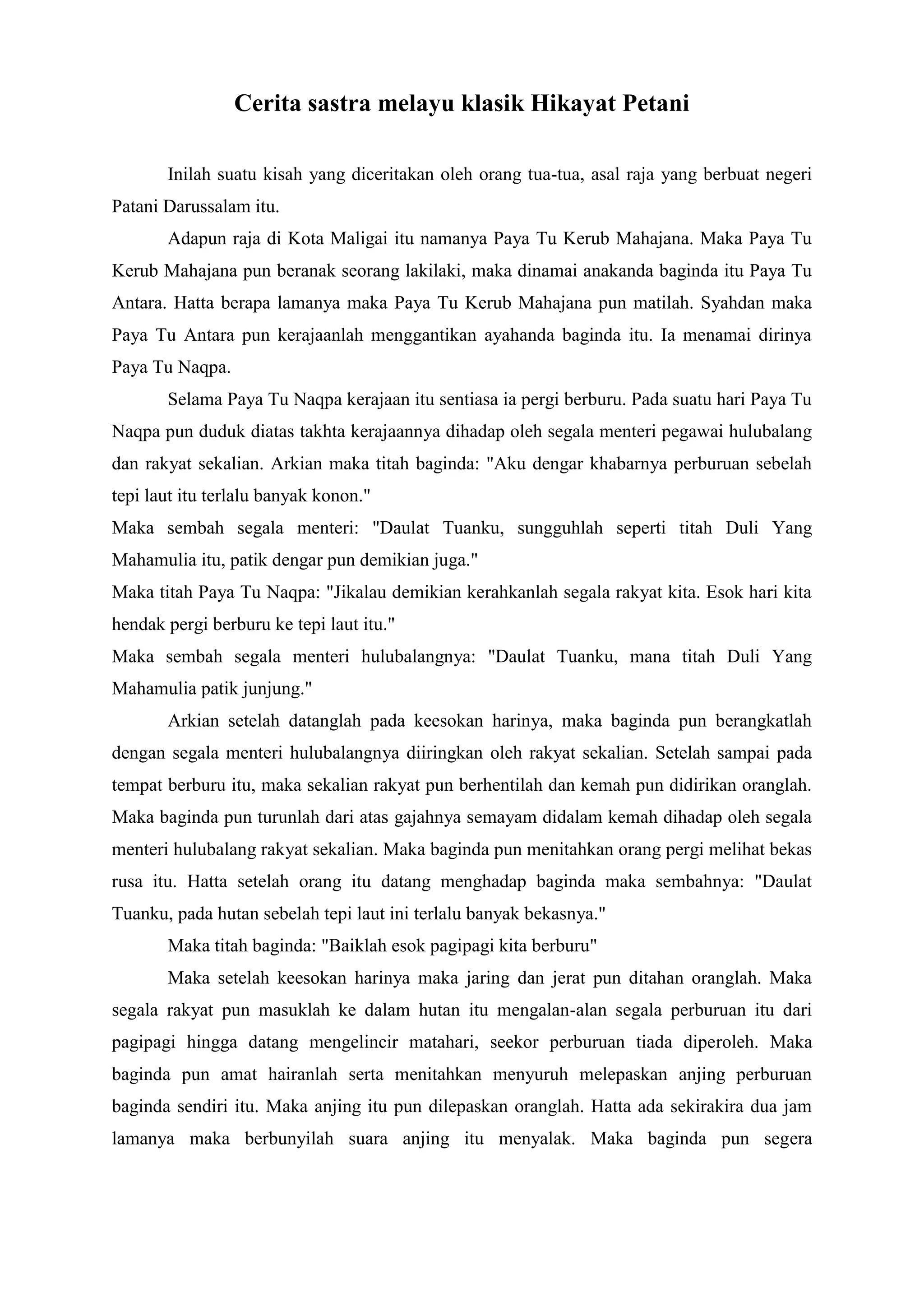 Cerita sastra melayu klasik hikayat petani | DOCX