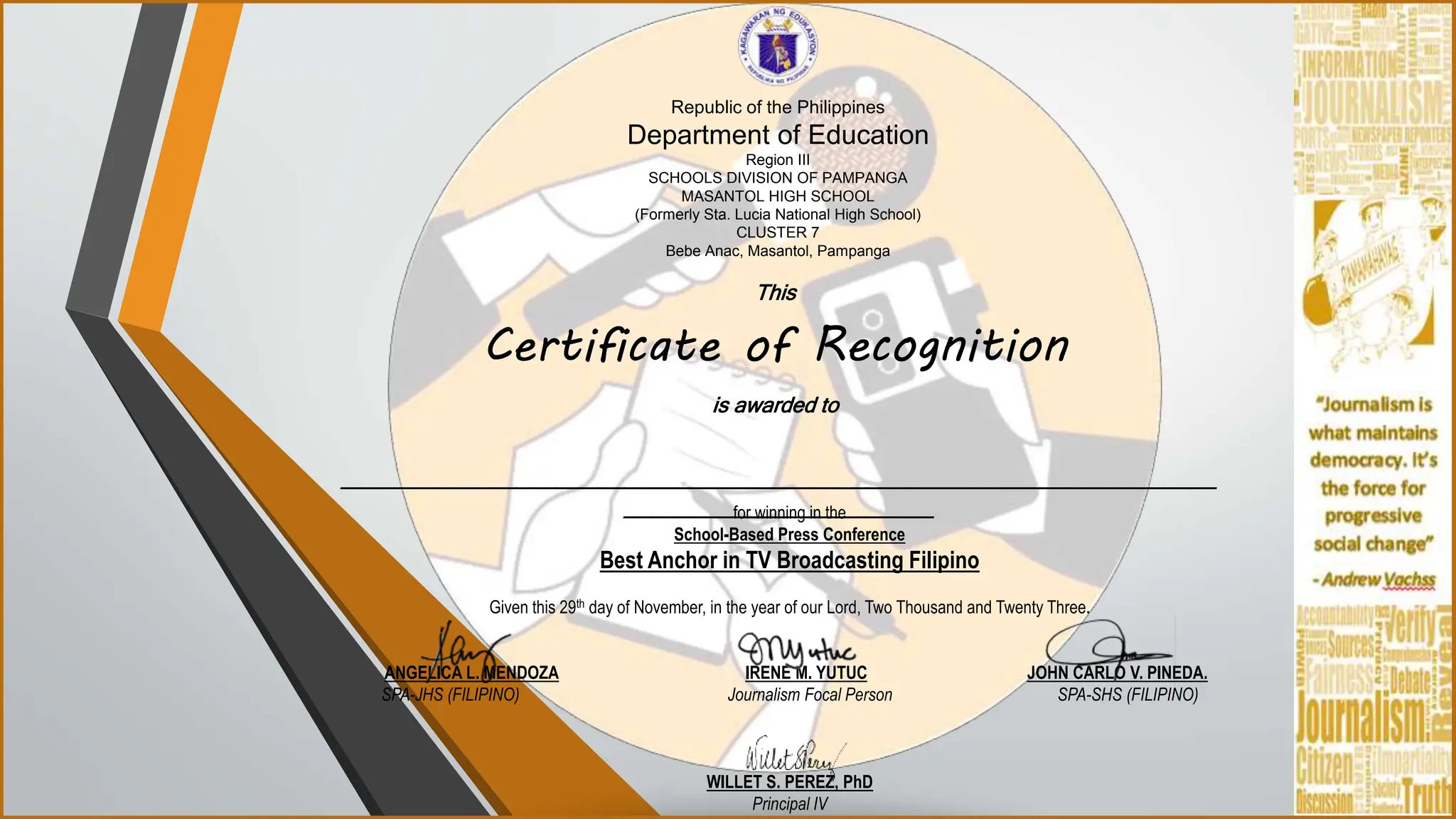 Certificate sample for journalism contest | PPTX