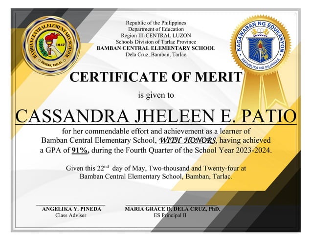 CERTIFICATE FOR HONOR PUPILS GRADE THREE | PPT