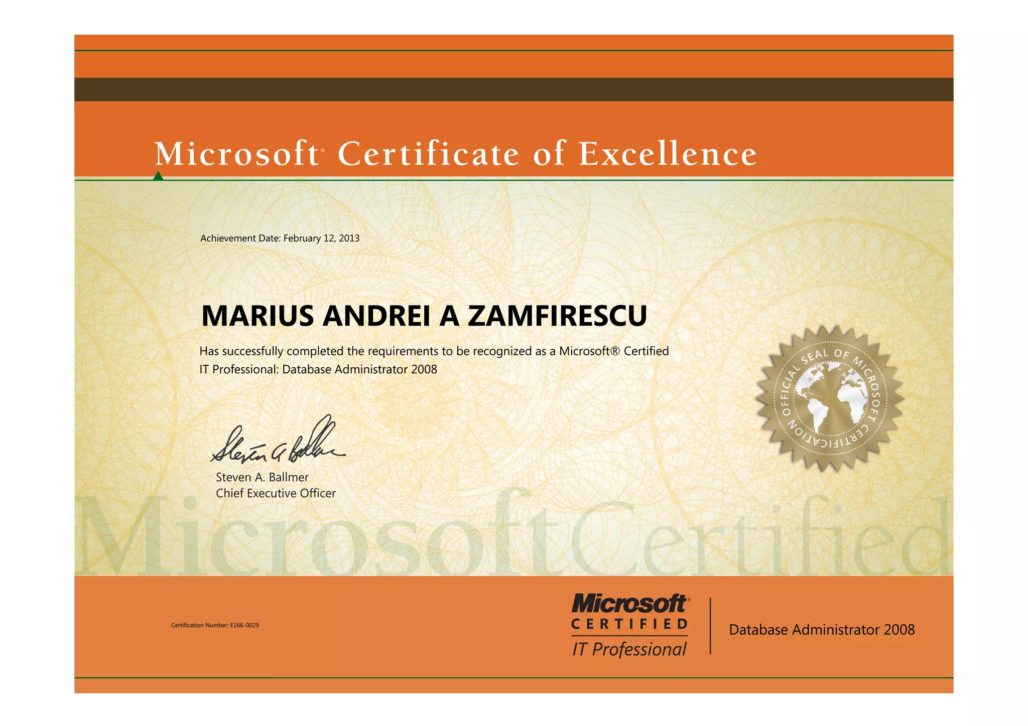 Microsoft Certificate of Excellence | PDF