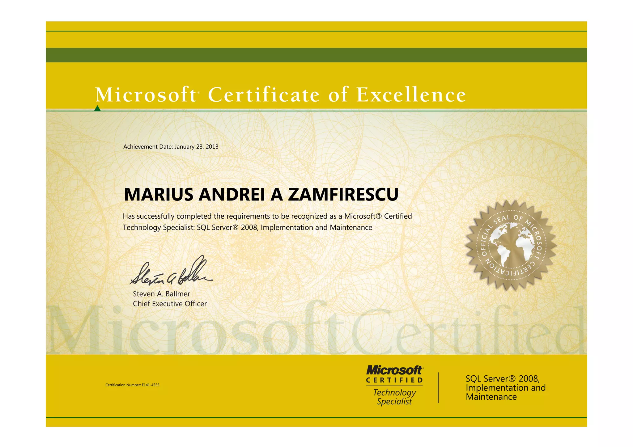 Microsoft Certificate of Excellence | PDF