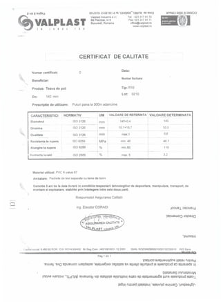 Certificat de calitate tubulatura PVC albastra pentru puturi de apa. | PDF