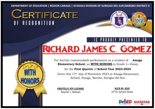 certificate of recognition first Quarter | PDF