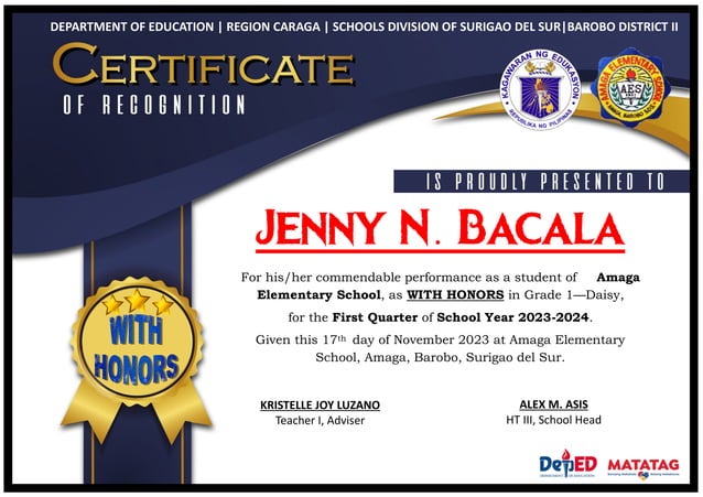 certificate of recognition first Quarter | PPT