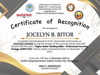 Certificate for Learning Action Cell.ppt