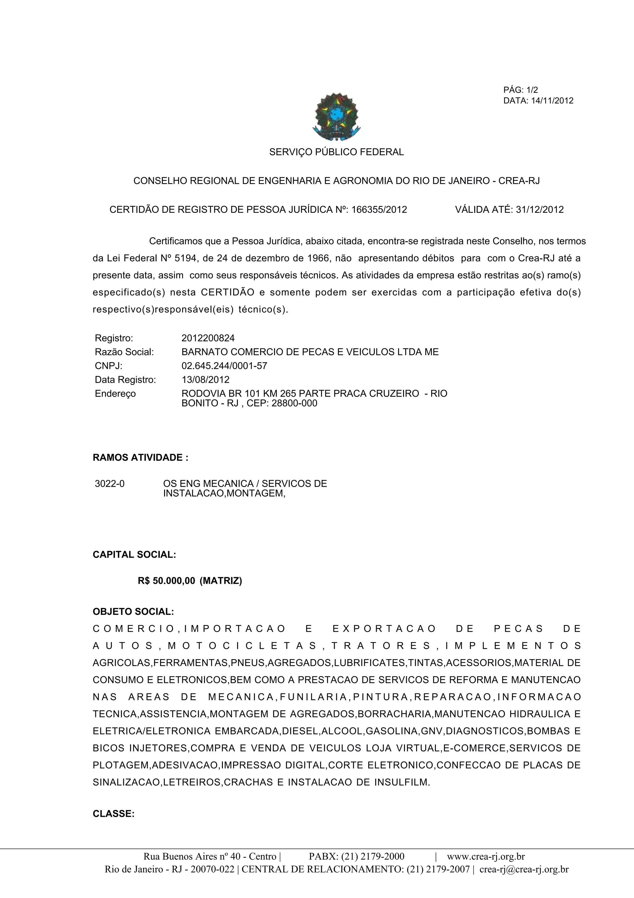 Certidão de registro pj crea | PDF