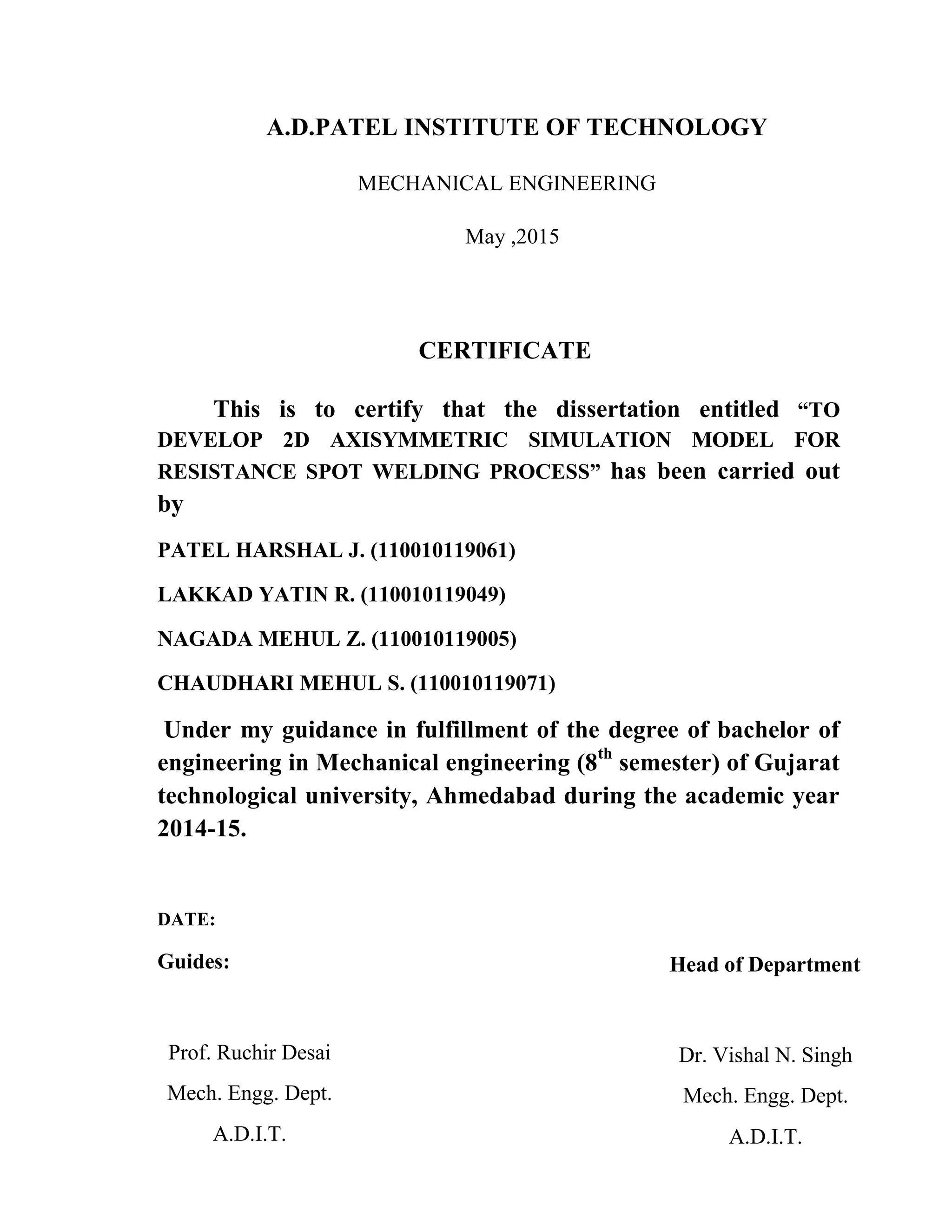 Resistance Spot Welding Final year project full report | PDF