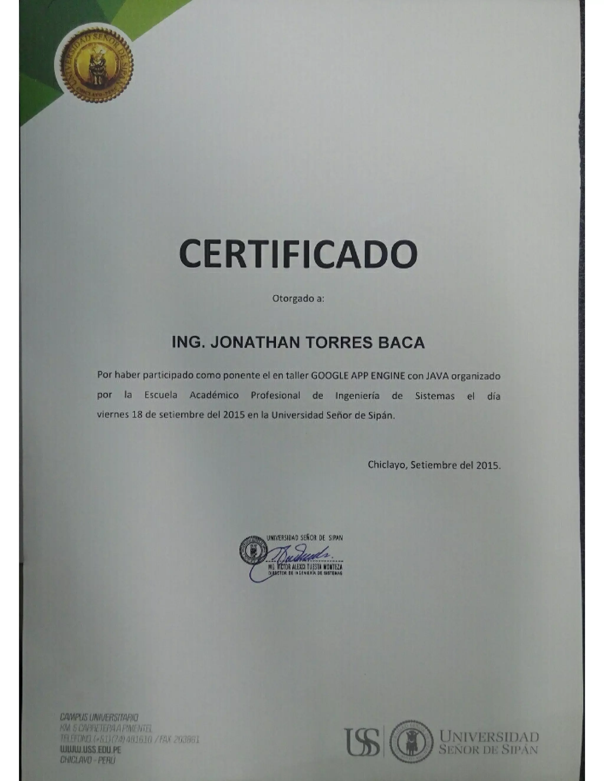 USS - Certificado por brindar taller en Google App Engine/Java | PDF ...