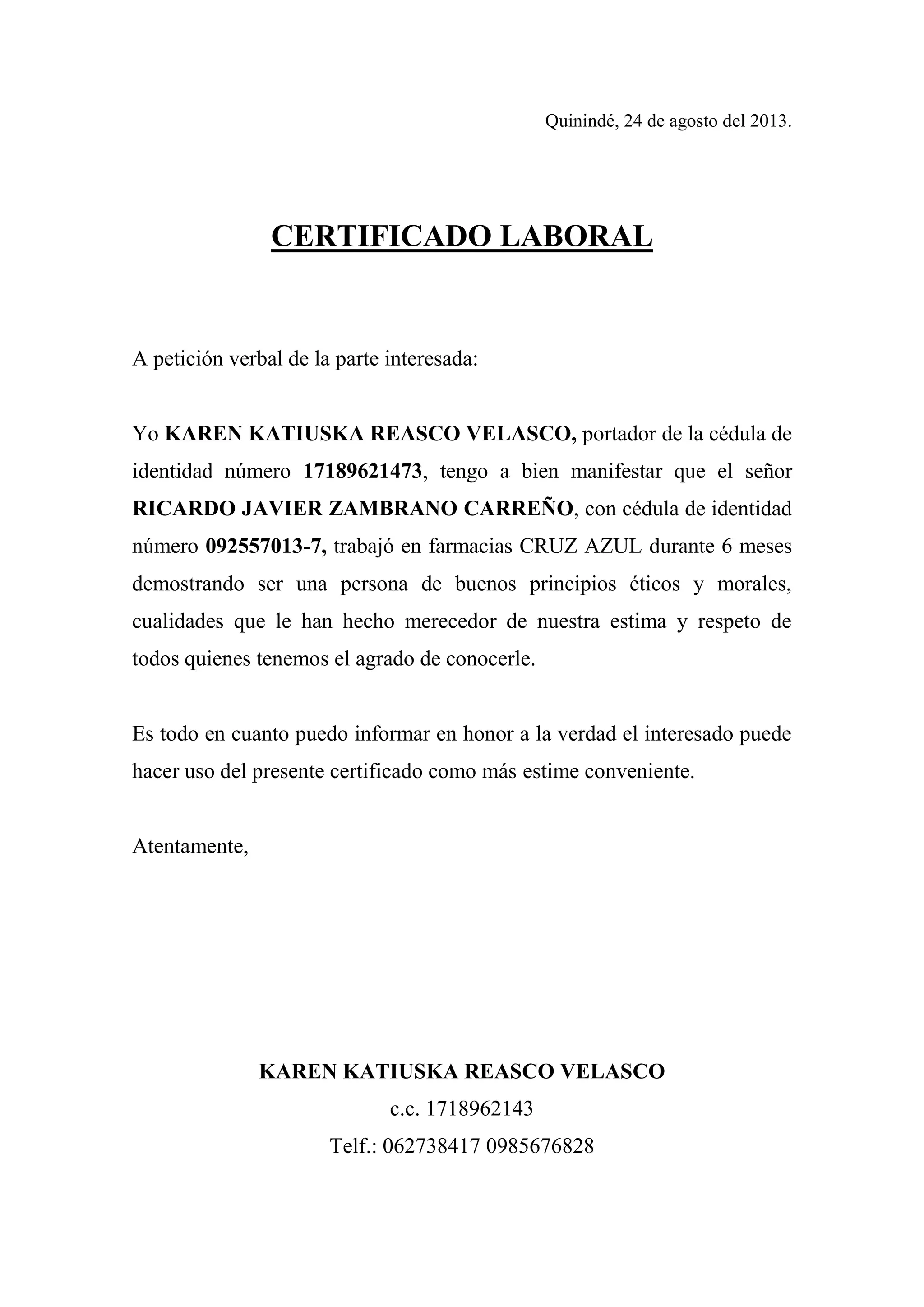 Certificado de laboral | DOCX