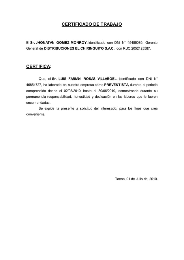 Certificado De Trabajo Pdf