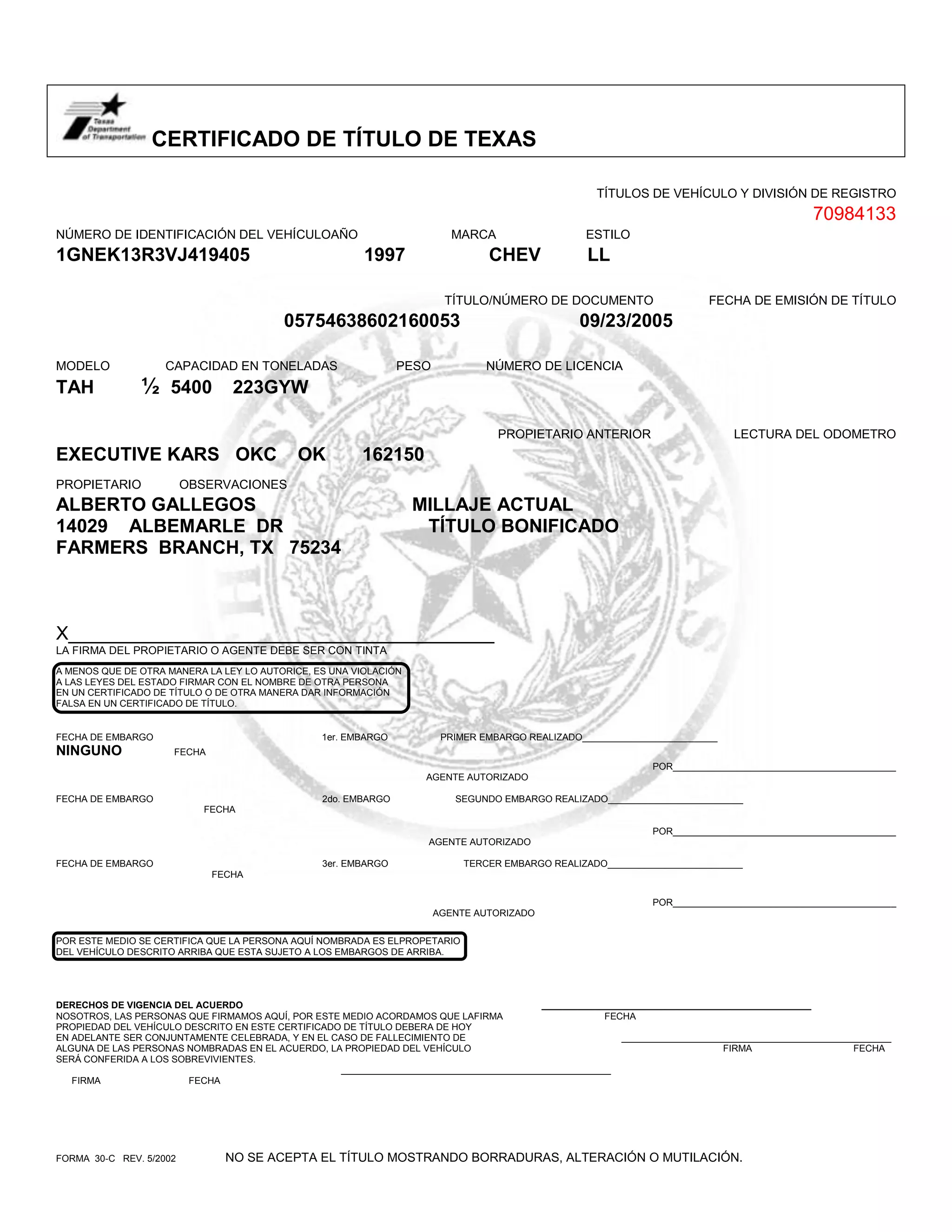 Certificado de título texas | DOCX