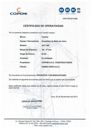 Certificados de operatividad según g r 004 0000546 comsa | PDF