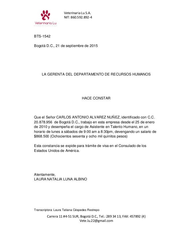 Constancia De Trabajo En Ingles Ejemplo