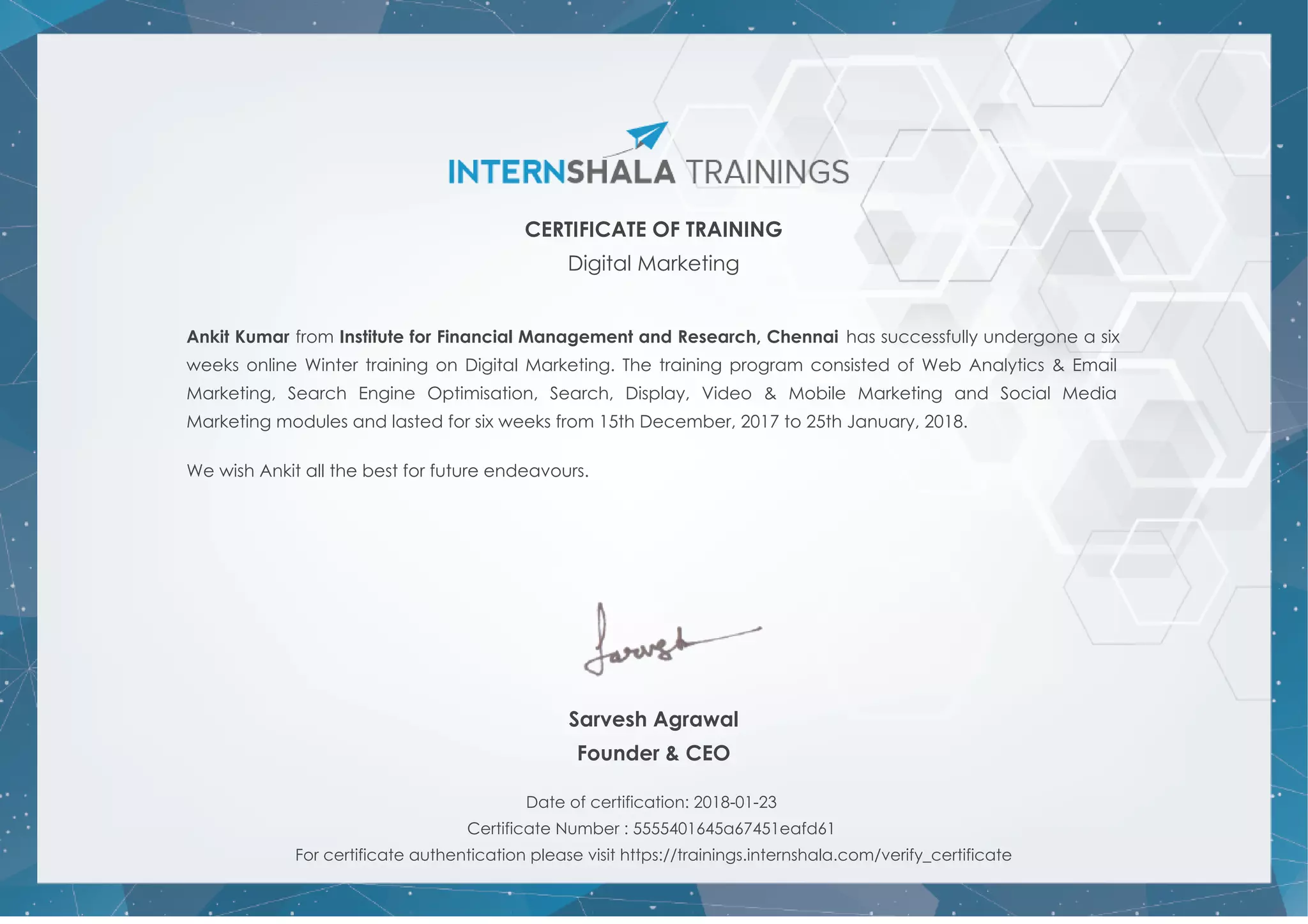 Certificate Of Training (Digital Marketing) | PDF