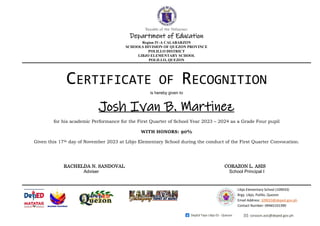 Honor certificate for the first quarter. | PPT