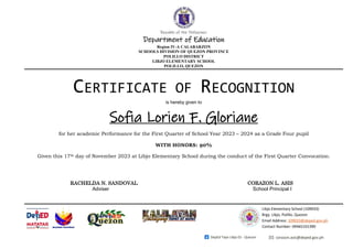 Honor certificate for the first quarter. | PPT