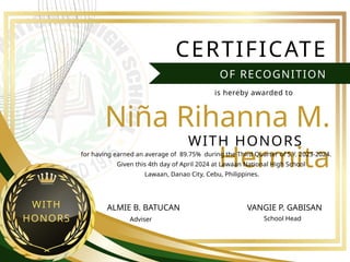 CERTIFICATE TEMPLATE FOR WITH HONORS CERT | PPT