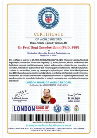 CERTIFICATE OF WORLD RECORD-DR PROF ING GURUDUTT SAHNI PHD, PDF | PDF