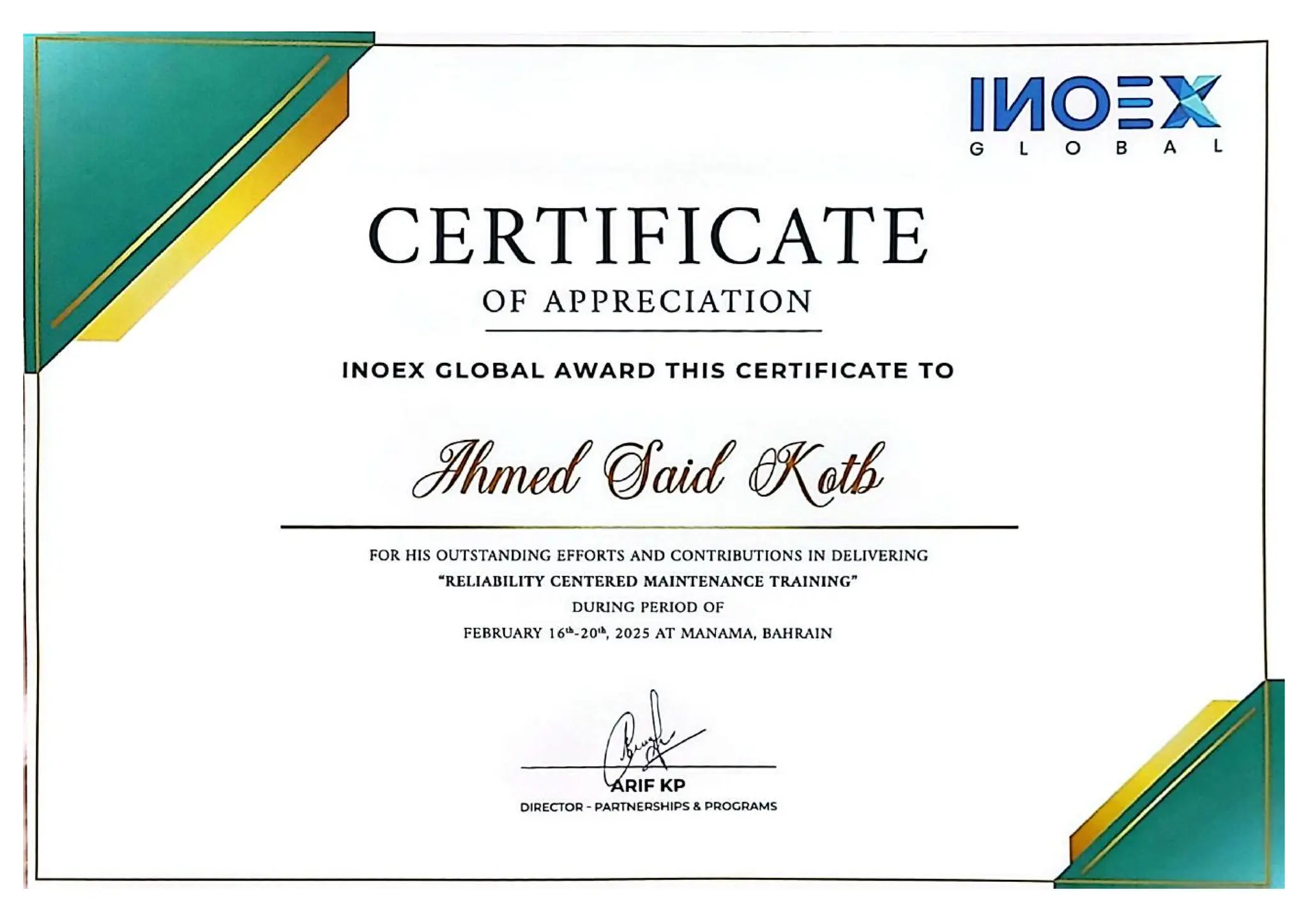 Certificate of Appreciation for Conducting the "Reliability Centered ...