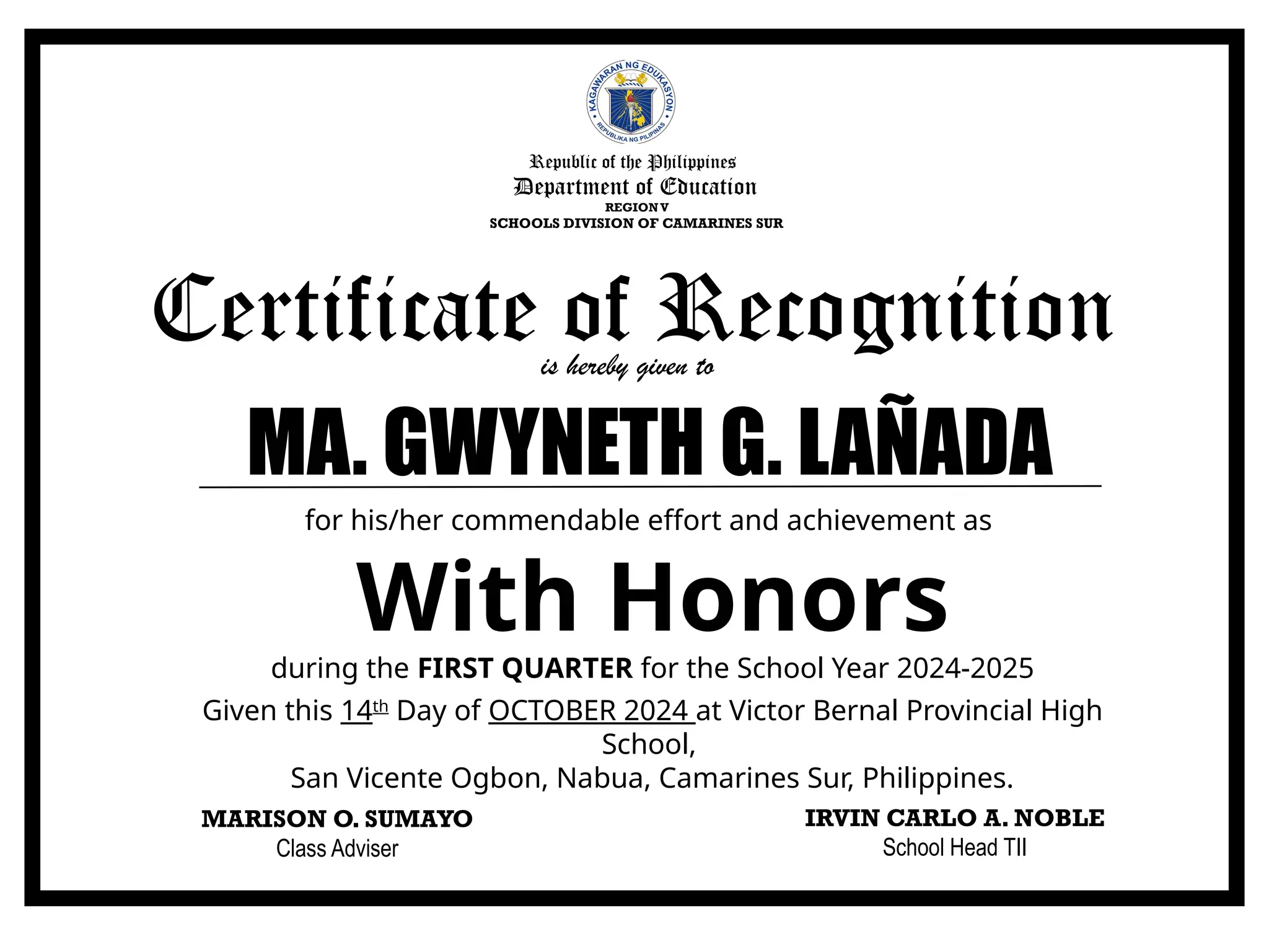 CERTIFICATE OF RECOGNITION -9 SUMAYO.pptx