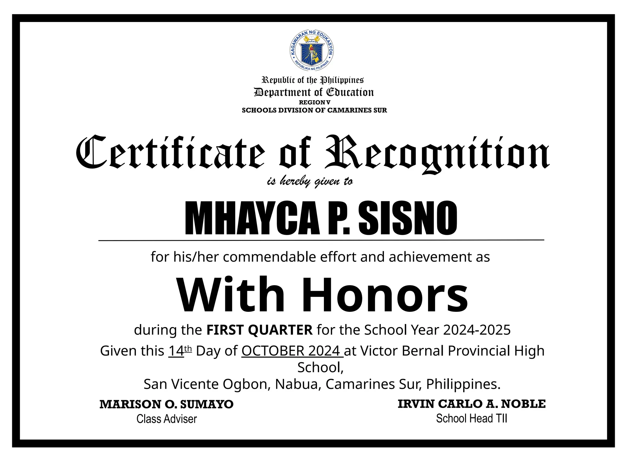 CERTIFICATE OF RECOGNITION -9 SUMAYO.pptx