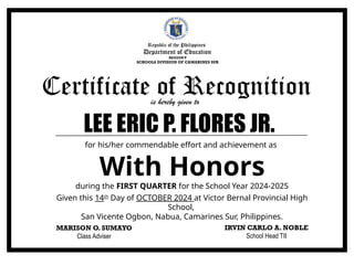 CERTIFICATE OF RECOGNITION -9 SUMAYO.pptx | Professional School ...