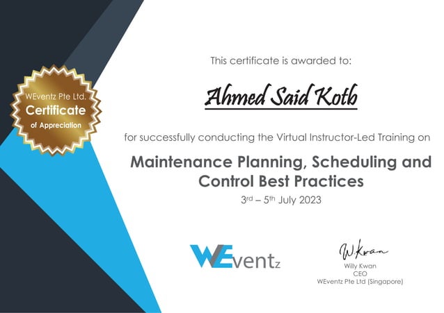 Certificate of Appreciation for Conducting the "Maintenance Planning, Scheduling, and Control ...