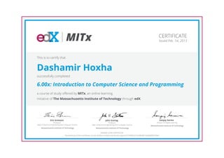 Certificate -- Dashamir Hoxha -- edX/MITx -- 6.00x Introduction to ...