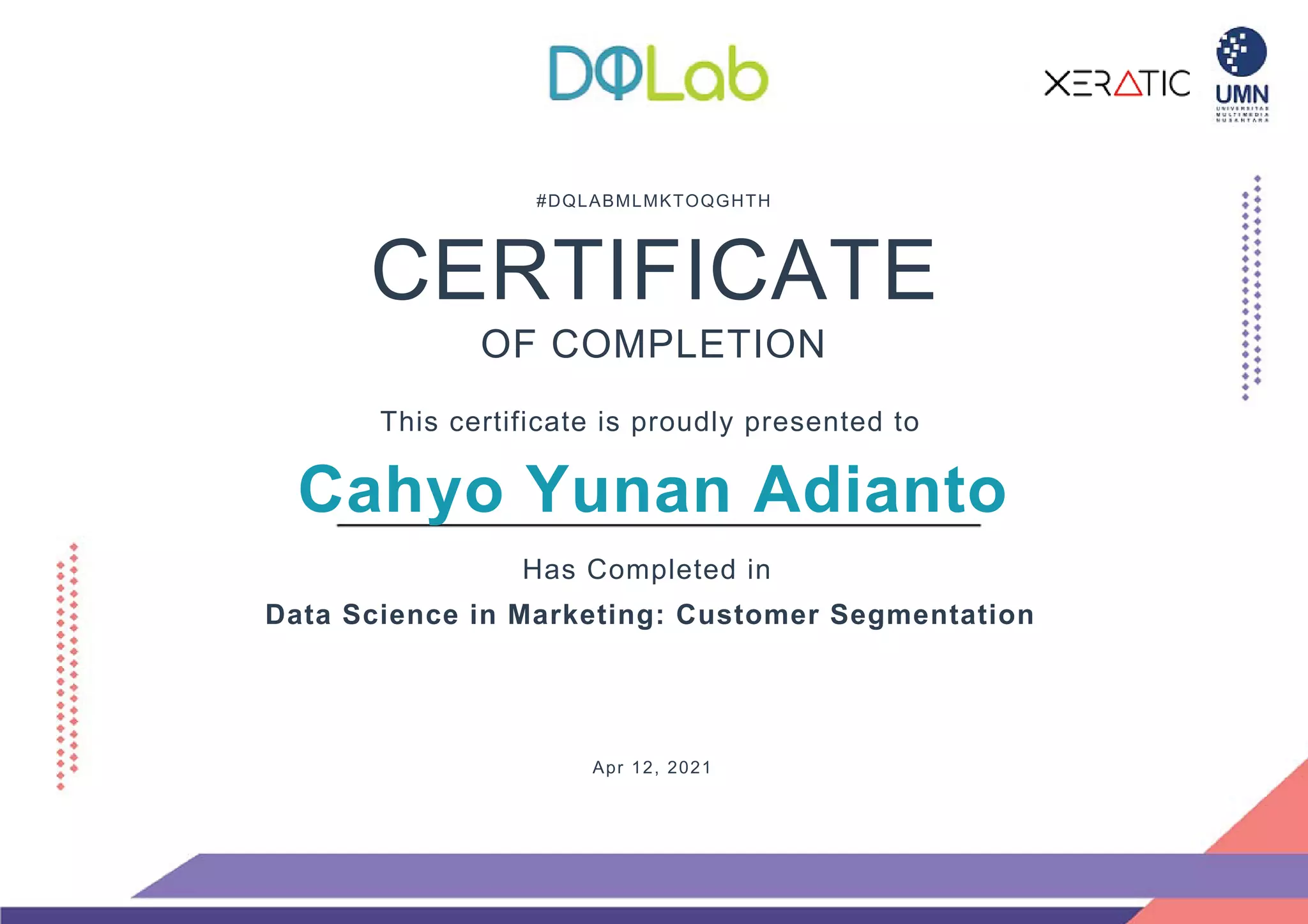 Certificate DQLAB Data Science in Marketing: Customer Segmentation | PDF