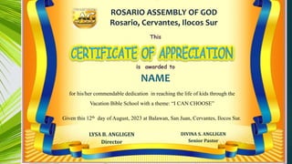 This is a certificate template for Daily Vacation Bible School Awards ...