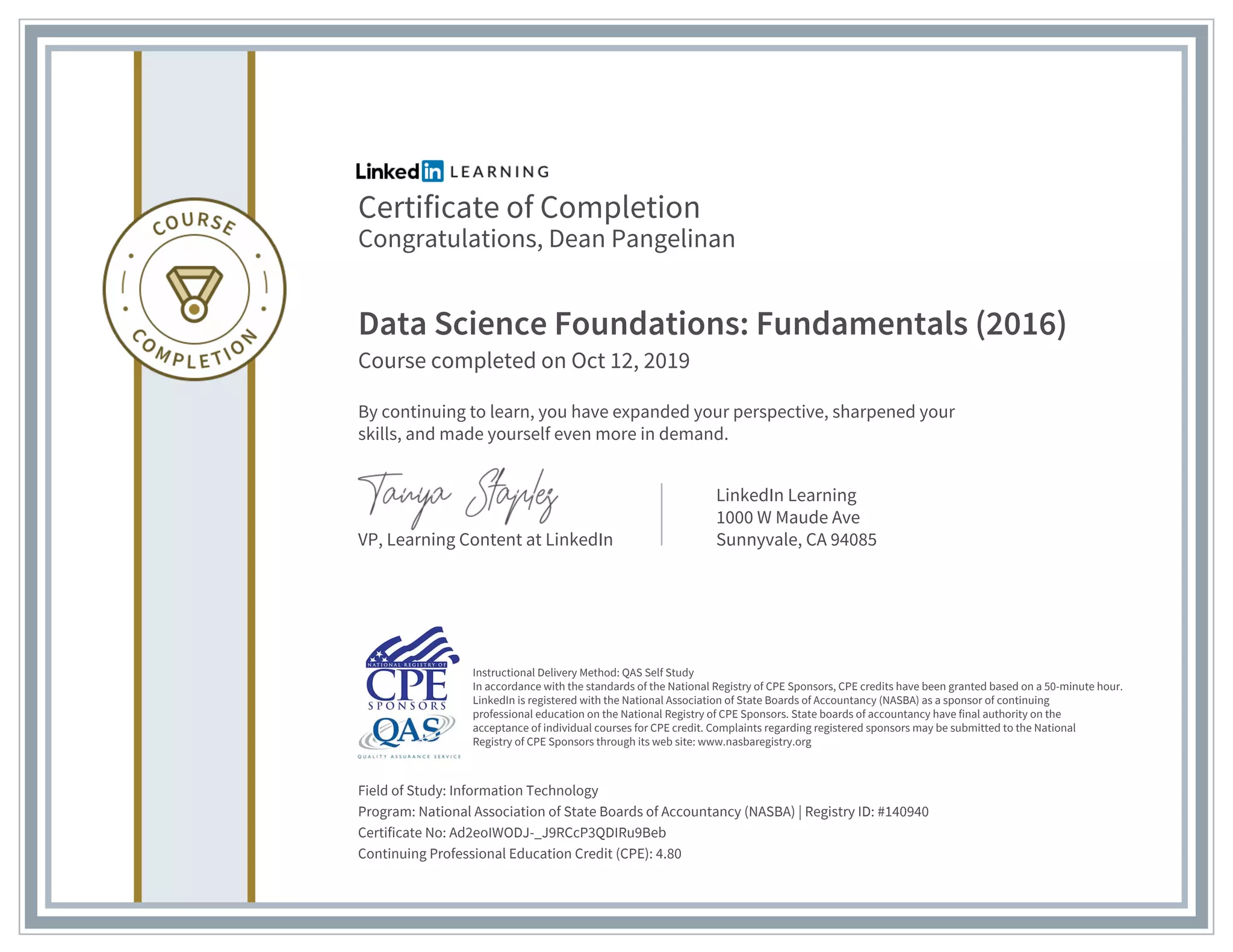 LinkedIn Certificate - Data Science Foundations Fundamentals 2016 - (NASBA) | PPT
