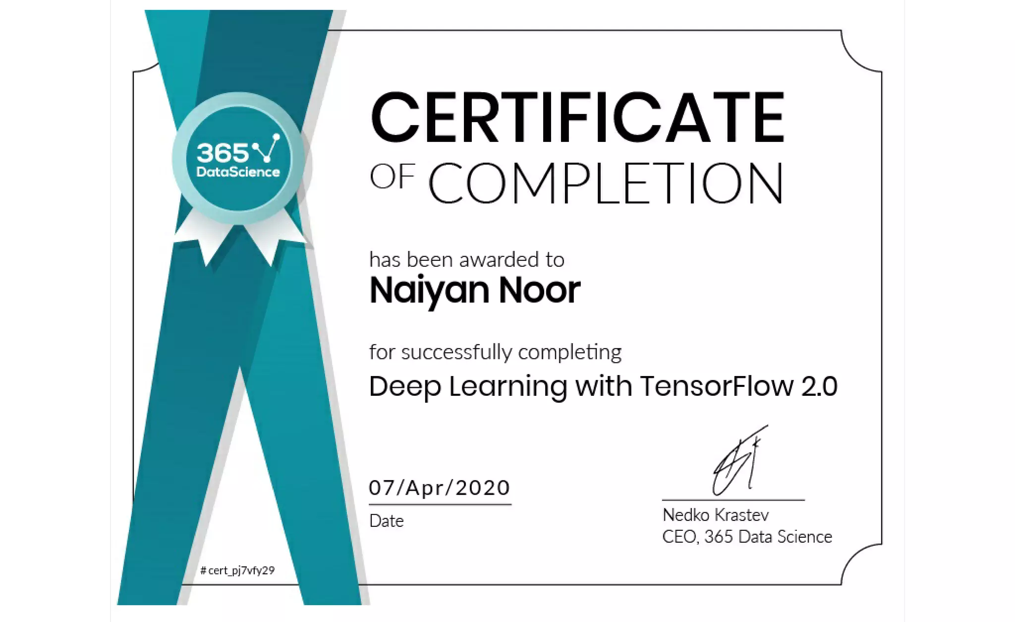 Certificate of-completion naiyan noor-for-deep-learning-with-tensorflow-2-0 | PPT