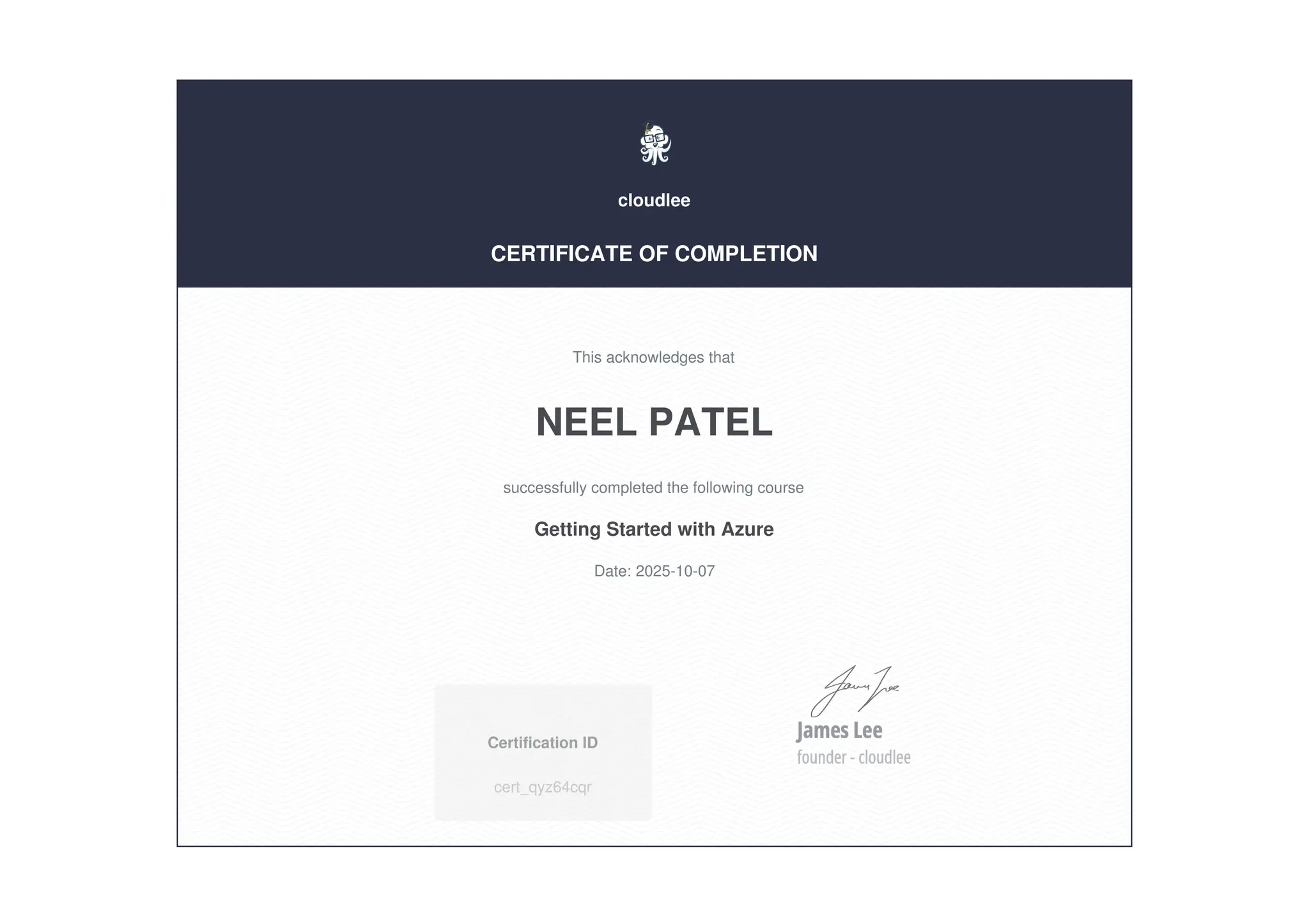 Certificate of Completion For Getting Started With Azure | PDF