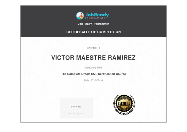 Certificate for The Complete Oracle SQL Certification | PPT