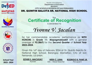 Certificate Recognition1- certificates of honor students | PPTX