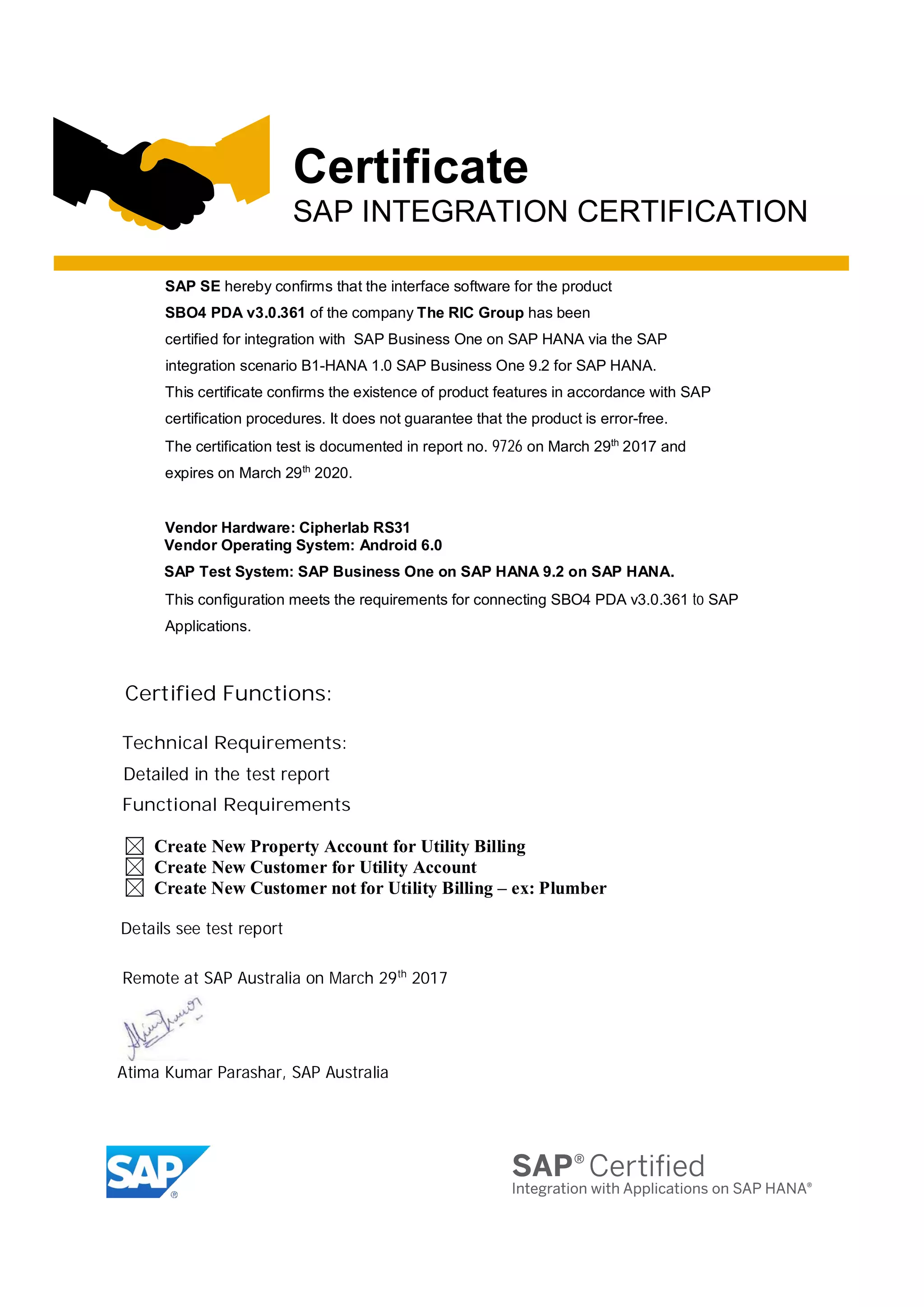 SBO4 PDA certified for SAP Business One HANA | PDF