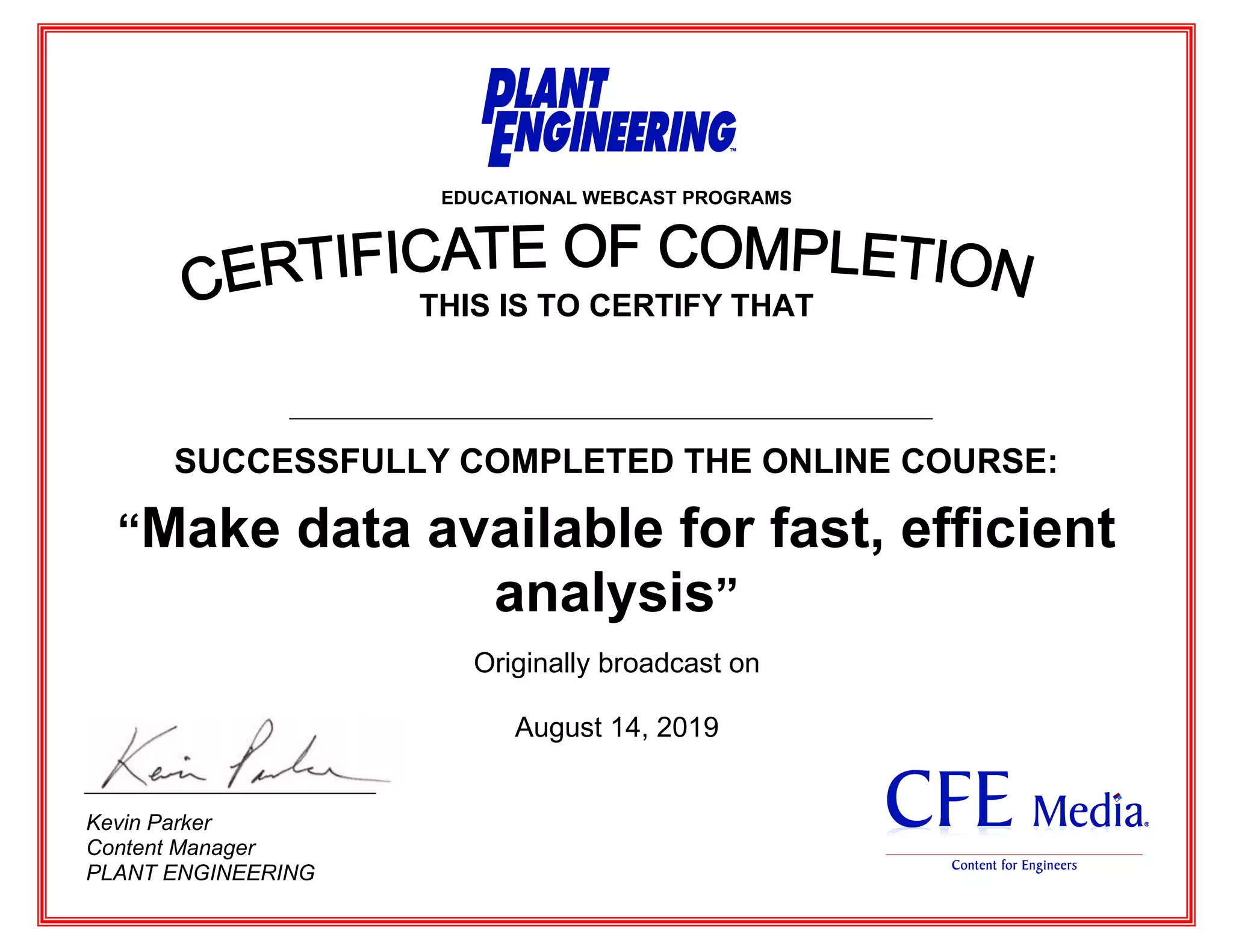 Certificate of completion of "Make data available for fast, efficient analysis" Course - Ahmed ...