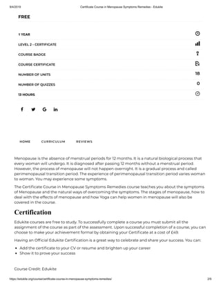 Certificate Course in Menopause Symptoms Remedies - Edukite | PDF