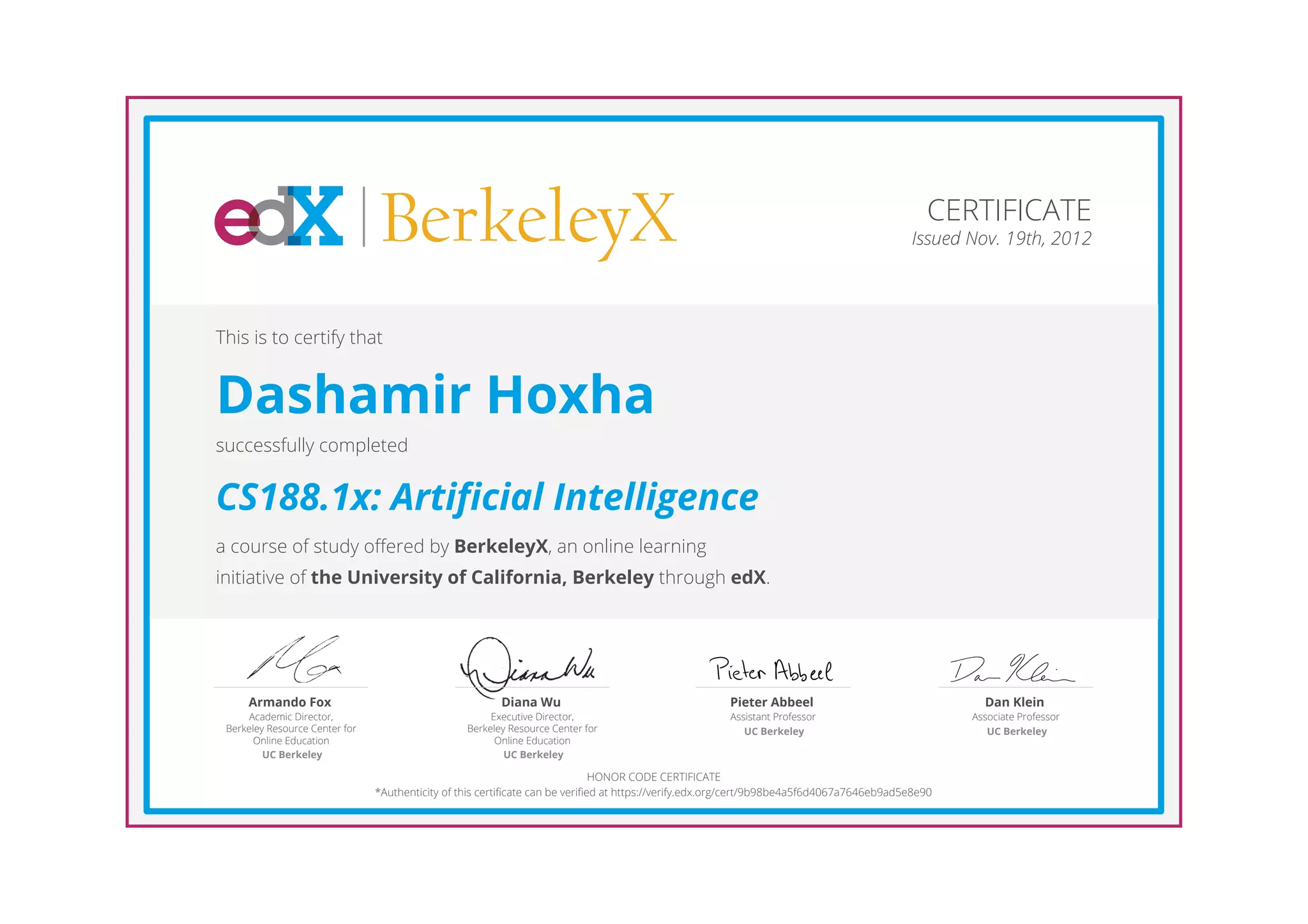 Certificate -- Dashamir Hoxha -- edX/BerkeleyX -- CS188.1x Artificial ...