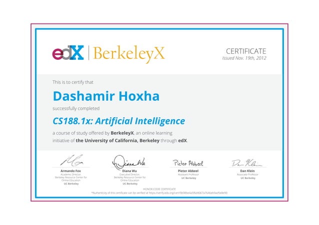 Certificate -- Dashamir Hoxha -- edX/BerkeleyX -- CS188.1x Artificial ...