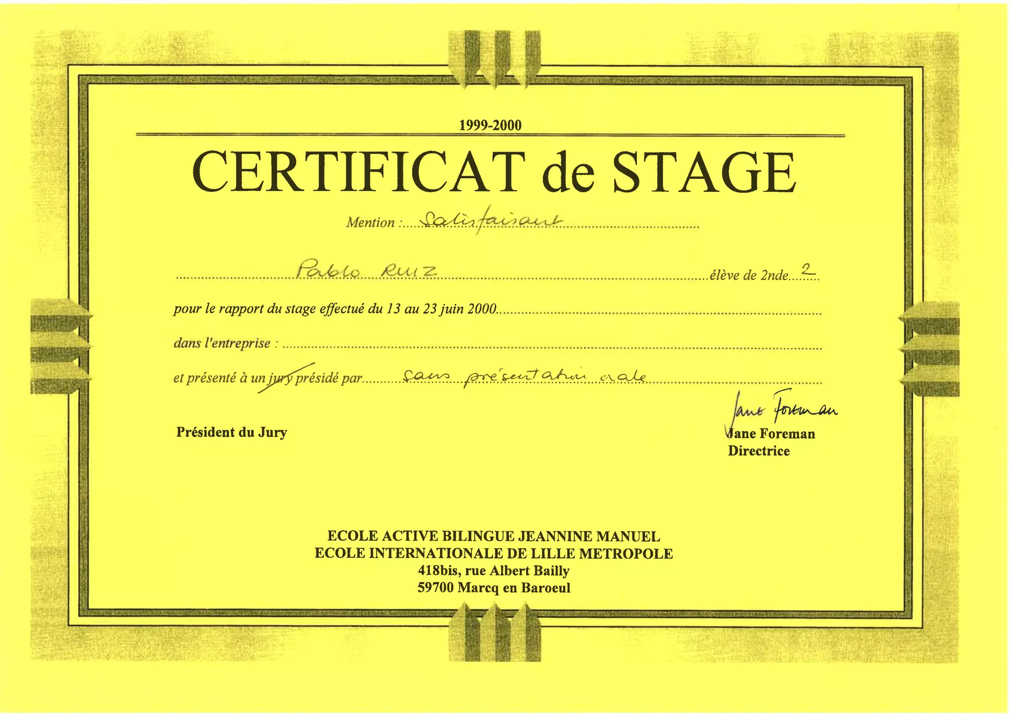 Certificate de Stage - France - 2000 - Pablo Ruiz Amo | PPT