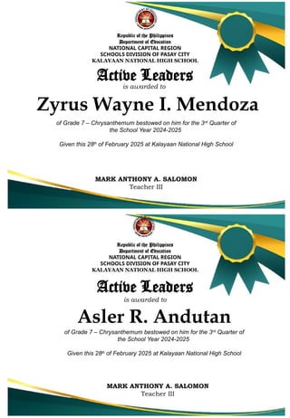 Certificate for GRADE 7 - sample template.pptx