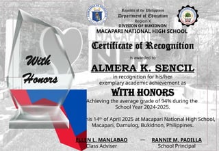 CERTIFICATE FOR HONORS school year 2025 mnhs | PPT